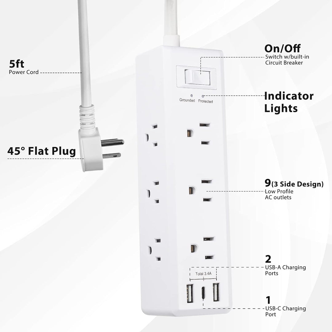 Surge Protector Power Strip with 9 Outlets 2 USB-A 1 USB-C 3-Side Outl ...