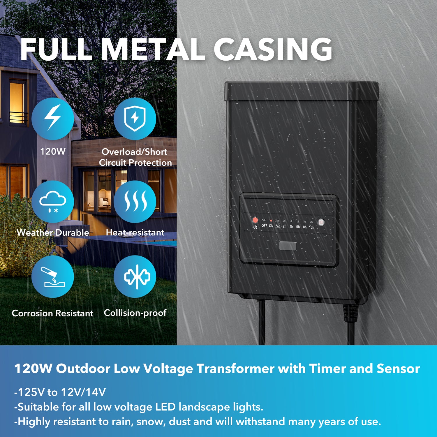 Bn-link 120W Weatherproof Outdoor Transformer for Low Voltage Landscap