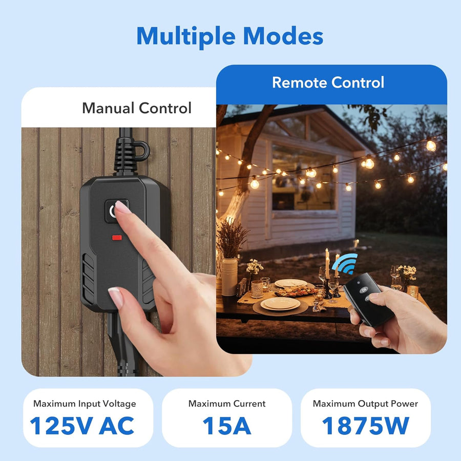 Outdoor Remote Control Outlet Plug Heavy Duty 15A 3-Prong Outlet 6-inc
