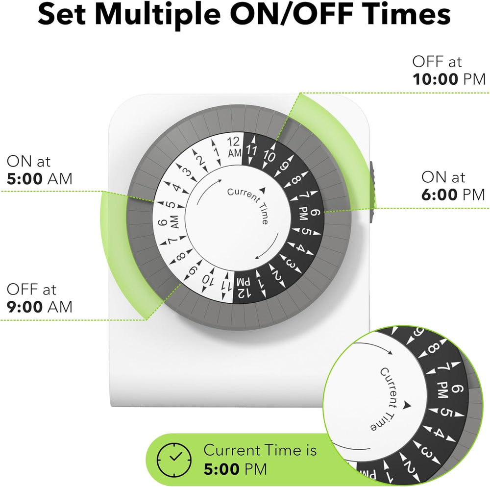 Indoor Dual Outlet Timers Heavy-Duty Mechanical 24-Hour3-Prong Design