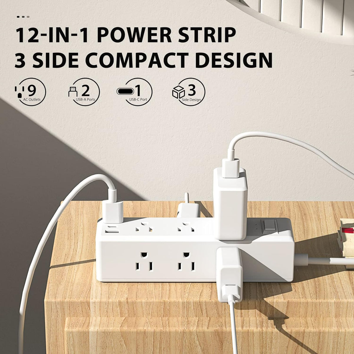 Surge Protector Power Strip with 9 Outlets 2 USB-A 1 USB-C 3-Side Outl