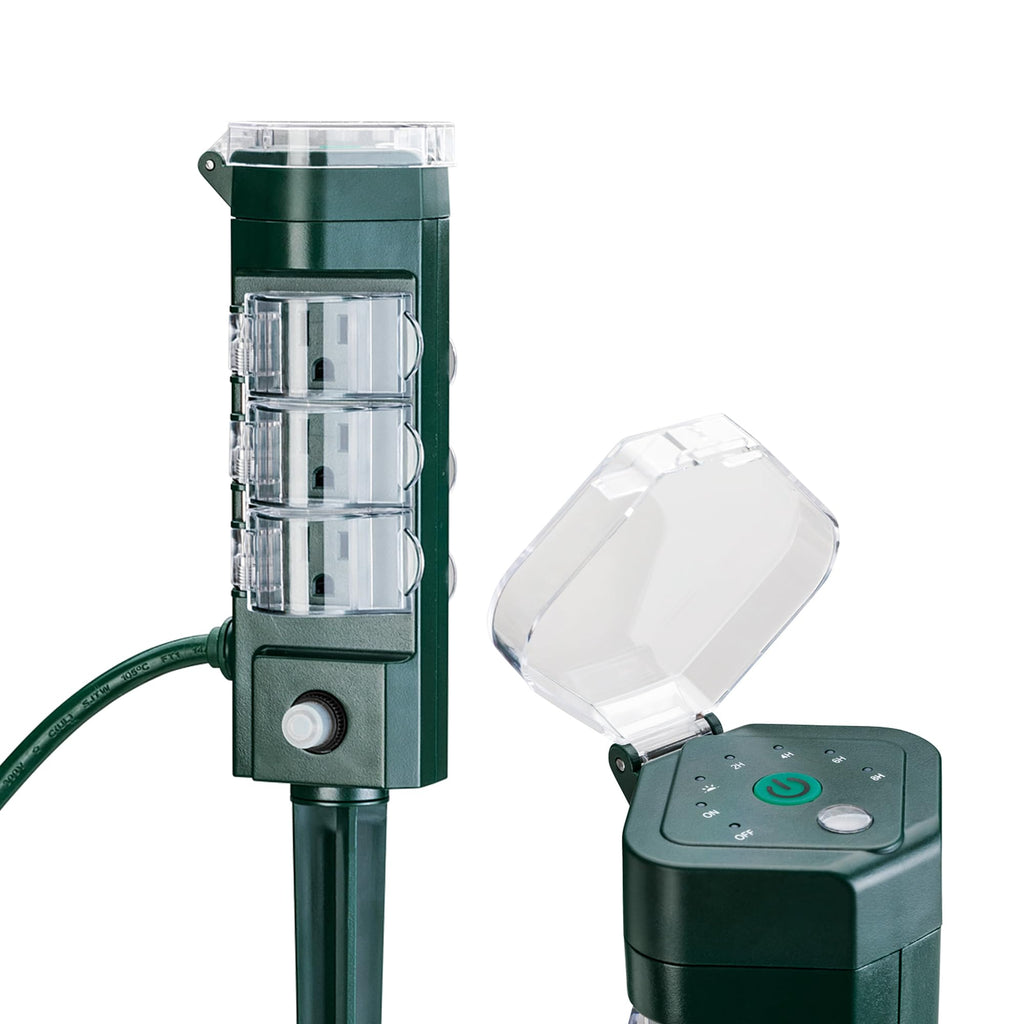 Outdoor Photocell Power Strip Yard Stake 6 Grounded Outlets Waterproof