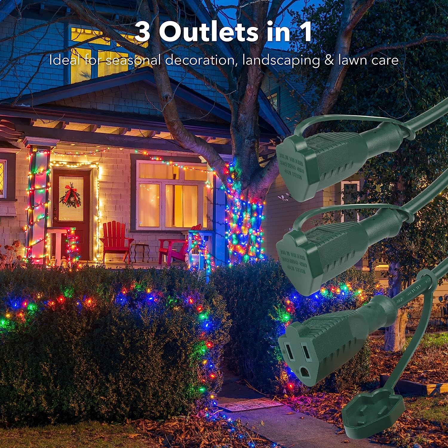 Outdoor Extension Power Cord 1 to 3 Splitter Watproof 36 ft Multi Grou ...