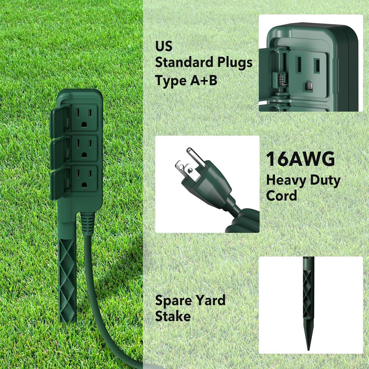 Outdoor Power Stake Waterproof Long Outdoor Extension Cord with 3 Grou