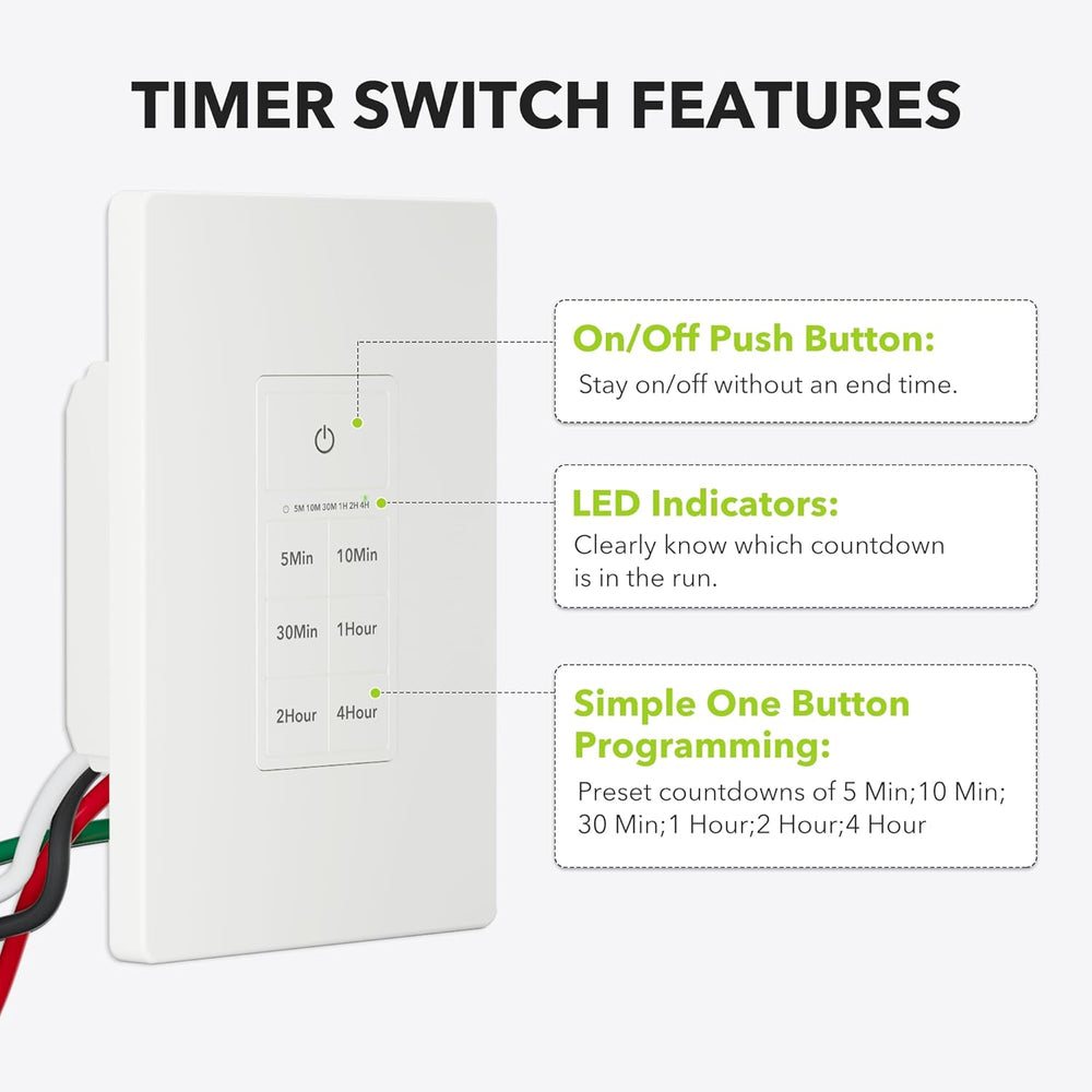 In-Wall Countdown Timer Switch with Push Button 5-10-30-60mins 2-4hour