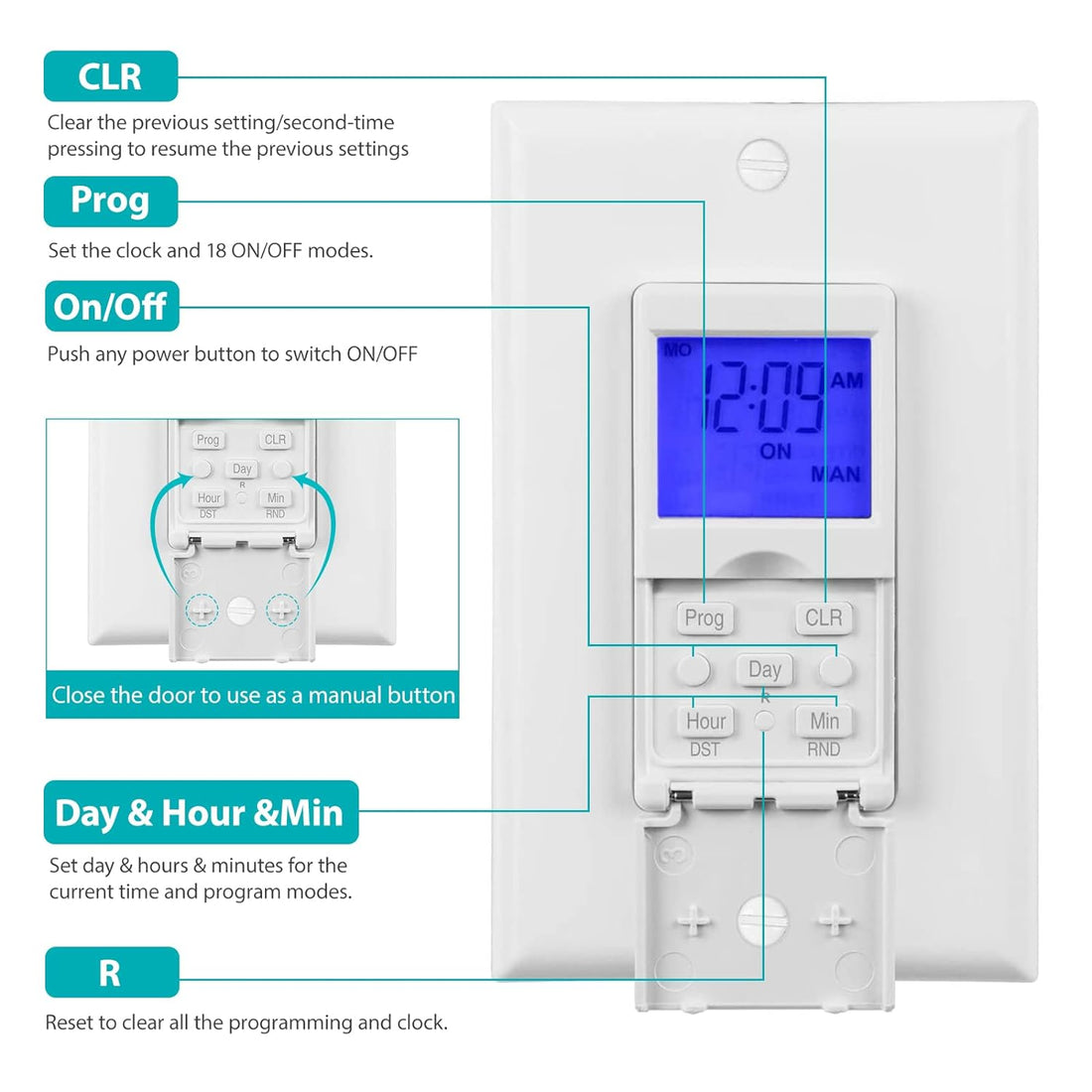7 Day Programmable In-Wall Timer Switch, Single Bole 3 Way Use Blue Ba