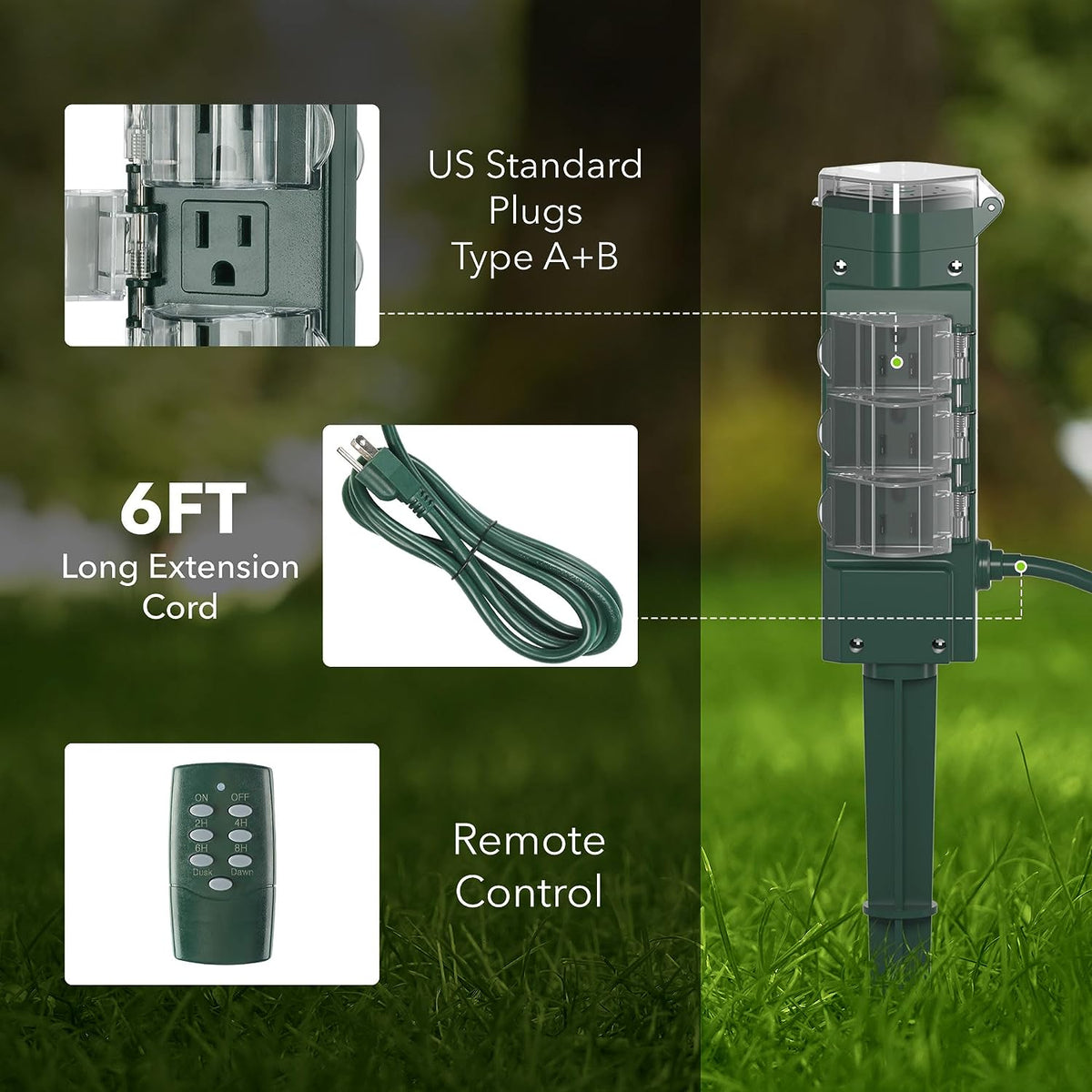 Outdoor Remote Control Power Strip Yard Stake 6 Grounded Outlets Water