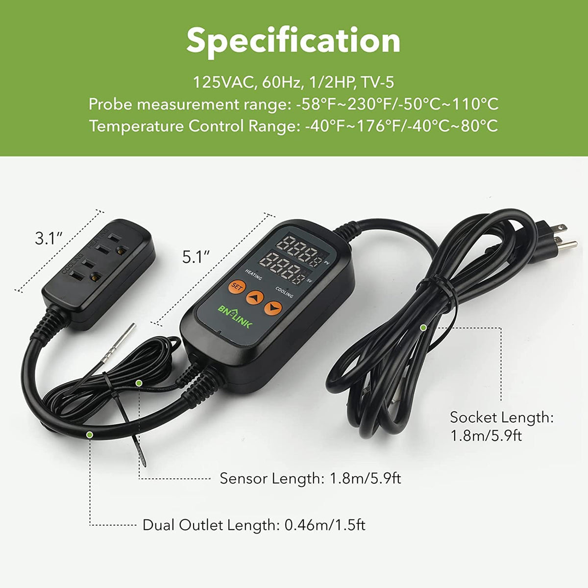 Digital Thermostat Controller Plug Heating Cooling 2-Stage Outlet BN-L